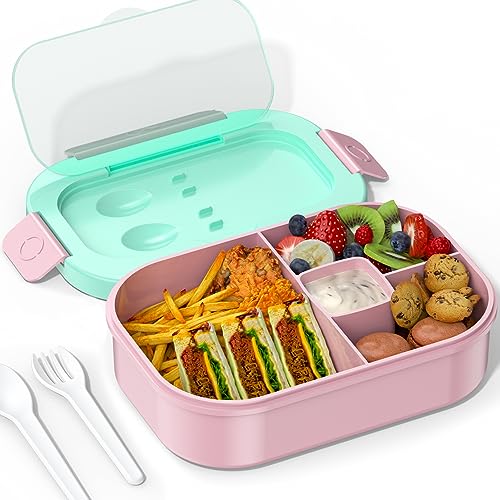 TEVIKE Kids & Adults Bento Lunch Box-4 Compartment Leak-Proof Food Containers with Fork & Spoon, BPA Free, Bento Adult Lunch Box for Work School, Microwave & Dishwasher Safe (Misty Mint-Pk)