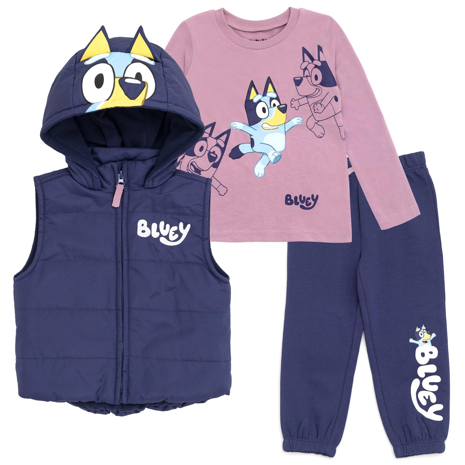 Bluey Little Girls Zip Up T-Shirt and Jogger Fleece Pants 3 Piece Blue/Gray 7-8