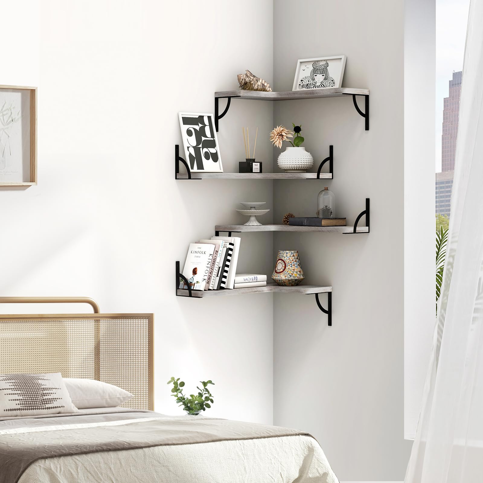 Canupdog Corner Floating Shelf Wall Mount 4 Tier Wood Floating Shelves, Easy-to-Assemble Tiered Wall Storage, Wall Organizer for Bedrooms, Bathrooms, Kitchens, Offices (Rustic White)