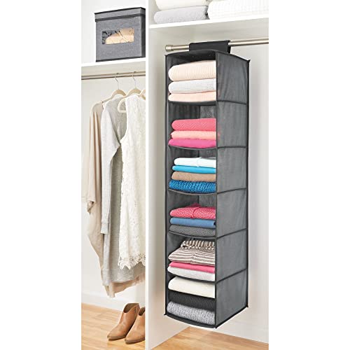 mDesign Fabric Over Rod Hanging Closet Storage Organizers, Includes a Wide 6-Shelf Sweater Organizer, and a Narrow 10-Shelf Shoe Rack - Textured Print - Set of 2 - Charcoal Gray/Black