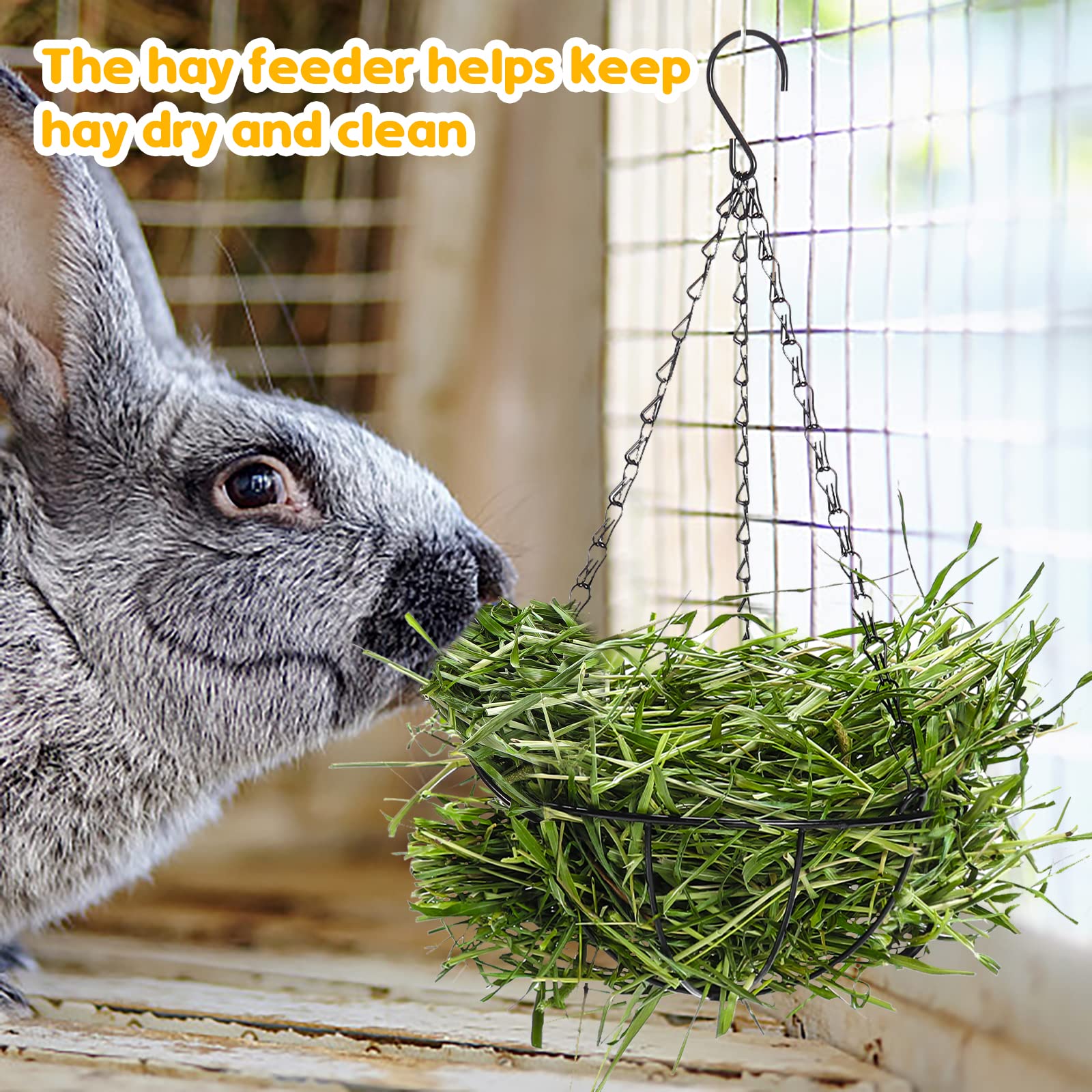 VCZONE Metal Frame Rabbit Hay Feeder with Hanging Basket, Timothy Hay and Coconut Fiber Nest, for Guinea Pig, Rabbit, Chinchilla
