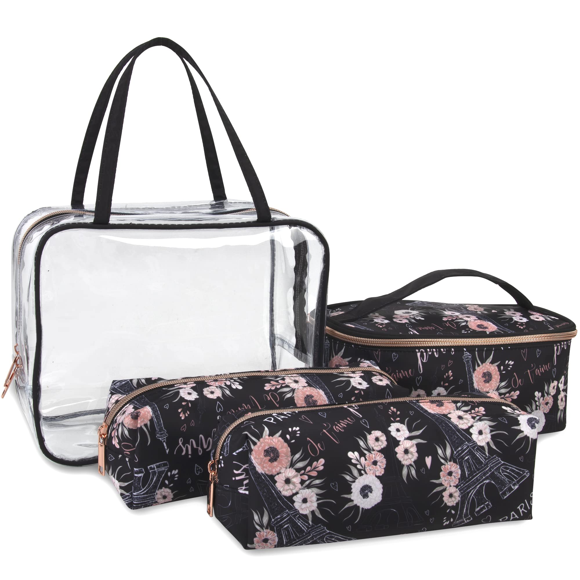 Emma & Chloe 4 Piece Toiletry Bag Set, Waterproof Home, Travel Cosmetic Train Case Makeup Bags for Women with Handle, Zipper – 4 Makeup Bags Set (Paris Je T'aime)