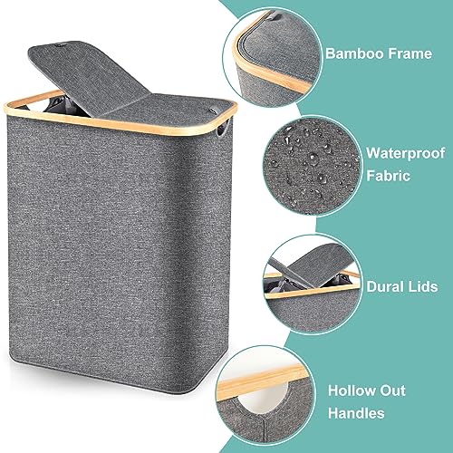 Double Laundry Hamper with Lid, Hampers for Laundry 2 Compartment Divided Laundry Hamper with 2 Removable Bags, Laundry Basket 2 Section Foldable Clothes Basket with Handles,130L