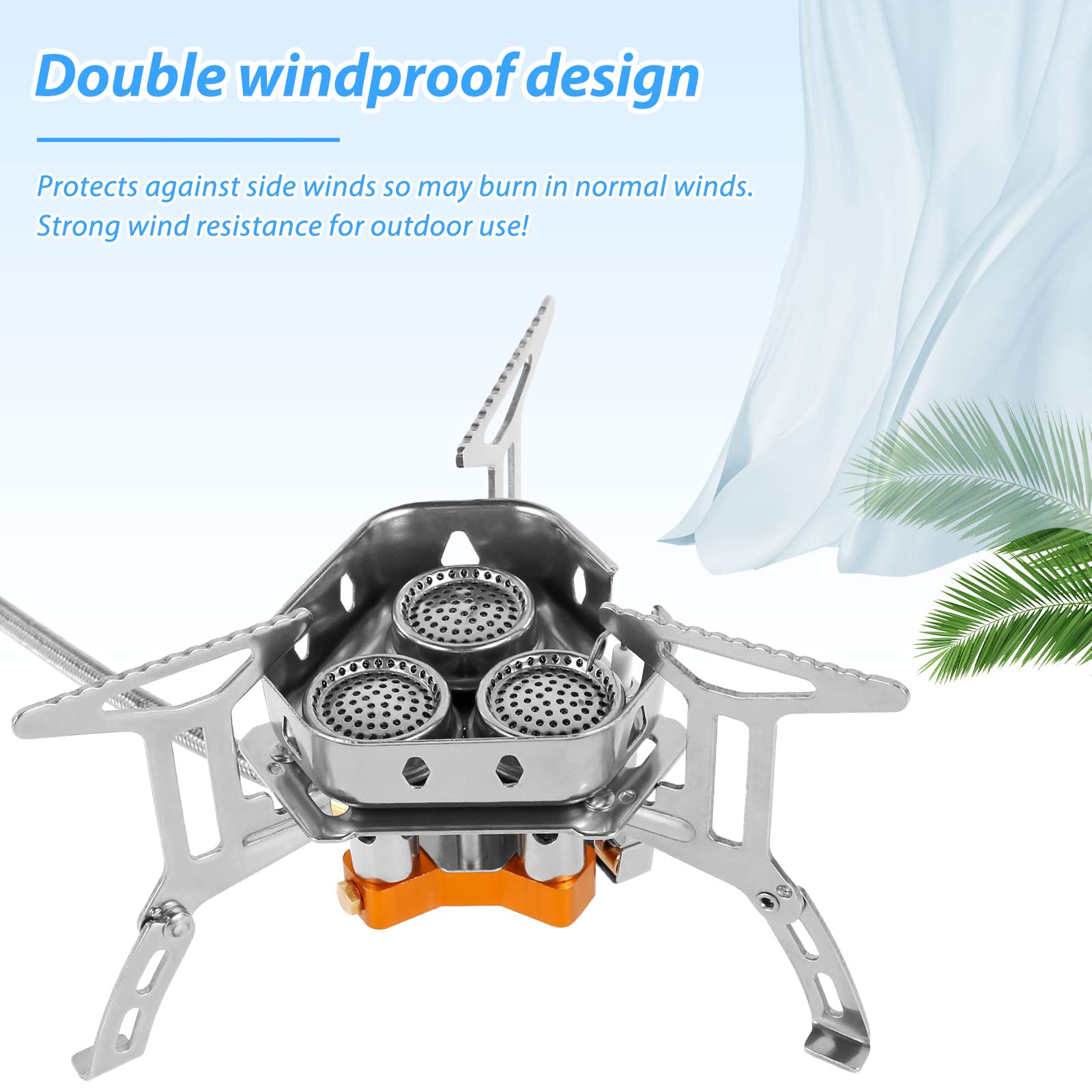 5800W Camping Gas Stove, Portable Camping Stoves, Windproof Mini Propane Burner with Adapter, Lightweight Foldable Backpacking Stove with 3 Burners for Outdoor Backpacking Camping Hiking Picnic