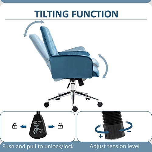 Vinsetto Modern Mid-Back Tufted Velvet Home Office Desk Chair with Adjustable Height, Swivel Adjustable Task Chair with Padded Armrests, Blue