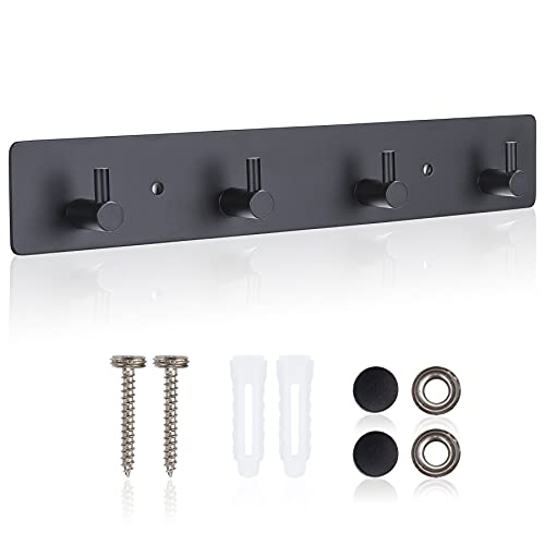 Black Coat Rack Wall Mounted - with 4 Hanging Hooks Stainless Steel Heavy Duty Modern Design Hanger Coat Hook Towel Hook, Bedroom Bathroom Kitchen Entryway Storage Wall Organizer for Hat Key Robes