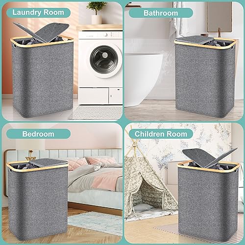 Double Laundry Hamper with Lid, Hampers for Laundry 2 Compartment Divided Laundry Hamper with 2 Removable Bags, Laundry Basket 2 Section Foldable Clothes Basket with Handles,130L