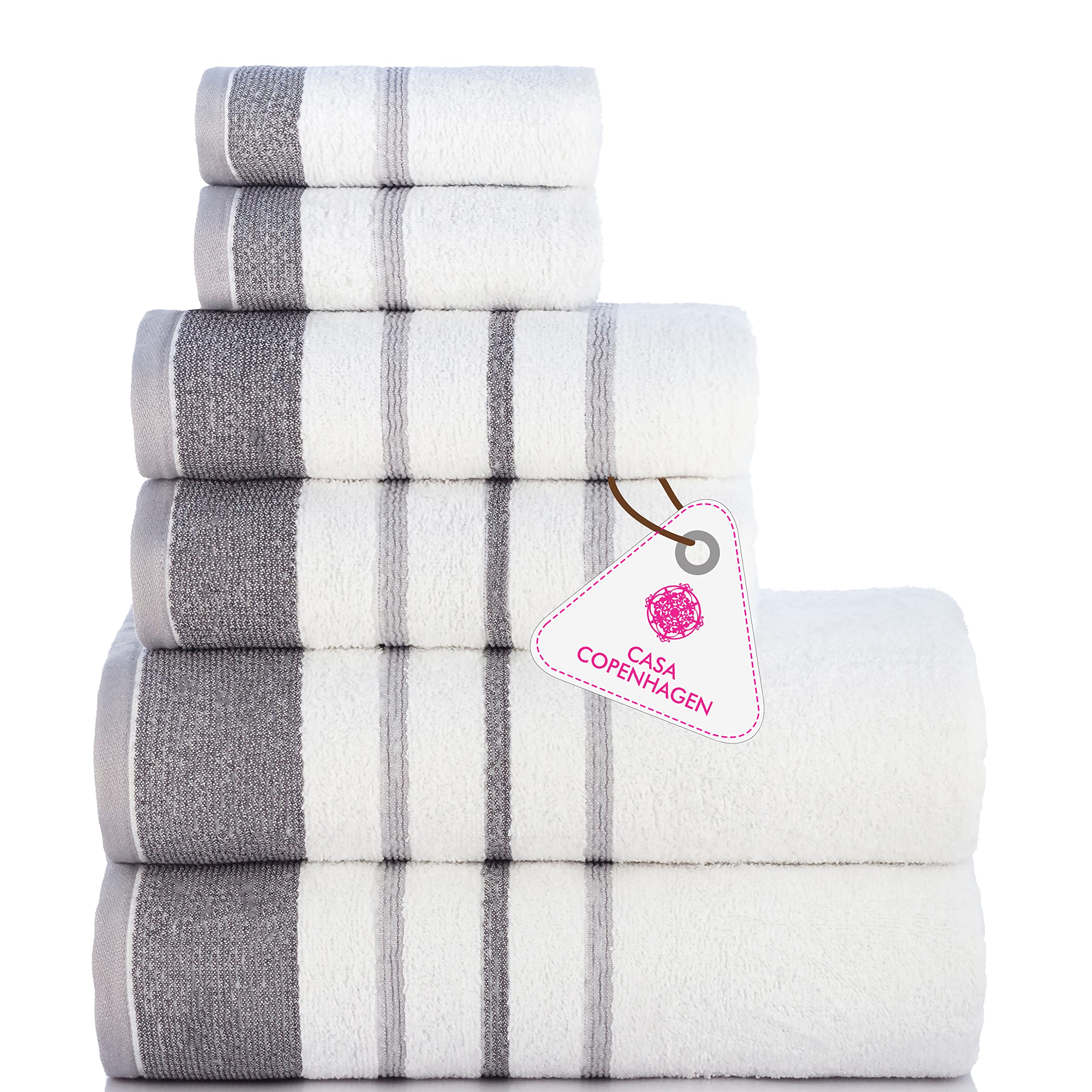 CASA COPENHAGEN White Bay, 6 Pieces Towel Set- White with Dark Grey and Grey Violet Border, 600 GSM, 2Bath, 2Hand, 2Washcloths Egyptian Cotton Towel for Hotel Spa Kitchen Bathroom Kitchen & Shower