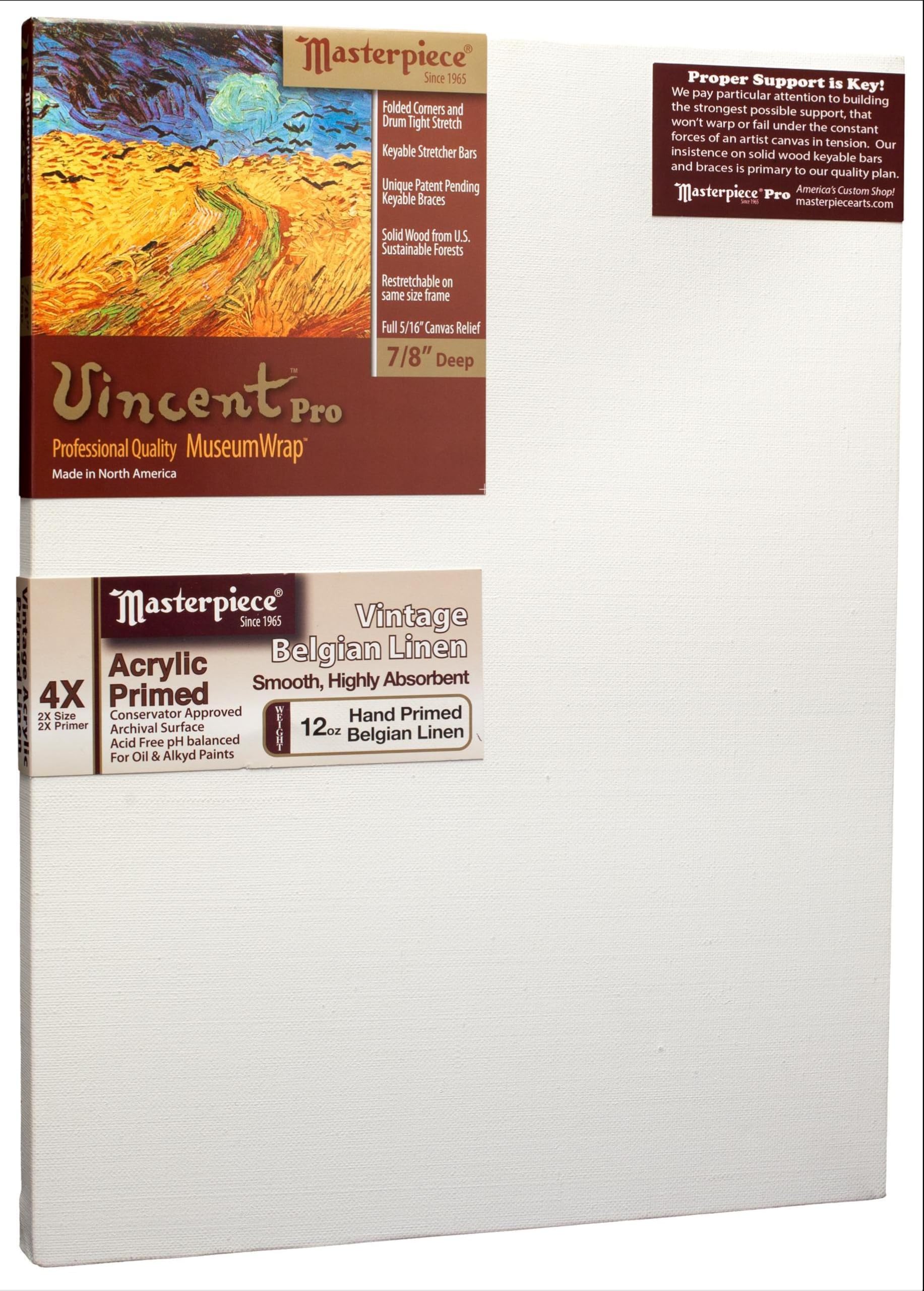MASTERPIECE Z1VU-0510 Vincent Pro 7/8" Deep Vintage L22U Belgian Linen 12.0 oz Acrylic Primed Linen Stretched Canvas 5" x 10" White