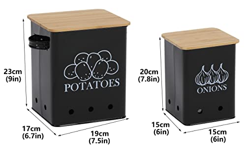 Xbopetda Potato Onion Storage Bin, Kitchen Storage Canister Set of 2, Kitchen Pantry Organizer Tin - Vegetable Fresh Keeper with Aerating Tin Storage Holes & Wooden Lid (Black)