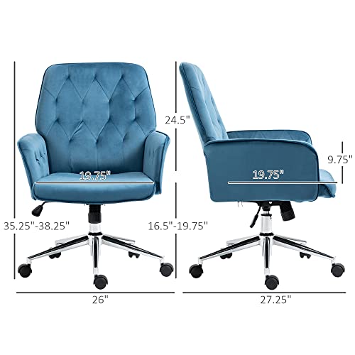 Vinsetto Modern Mid-Back Tufted Velvet Home Office Desk Chair with Adjustable Height, Swivel Adjustable Task Chair with Padded Armrests, Blue