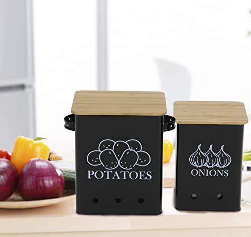 Xbopetda Potato Onion Storage Bin, Kitchen Storage Canister Set of 2, Kitchen Pantry Organizer Tin - Vegetable Fresh Keeper with Aerating Tin Storage Holes & Wooden Lid (Black)