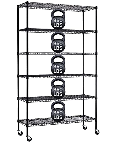 6 Tier Wire Rack Storage Shelves Metal Shelf Wire Shelving Unit with Wheels Heavy Duty NSF Utility Shelves Height Adjustable Kitchen Garage Shelf Racks, 82"x 48"x 18", Black