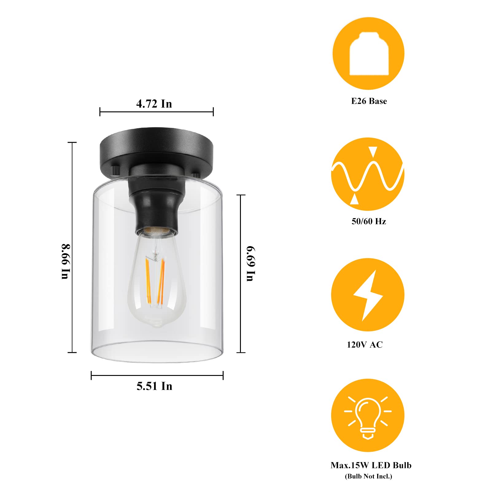 Boostarea Semi Flush Mount Ceiling Light, Industrial Hanging Ceiling Pendant Lamp With Clear Glass Shade, Farmhouse Light Fixture for Porch Hallway Corridor Kitchen Bathroom Bedroom, Bulb Not Included
