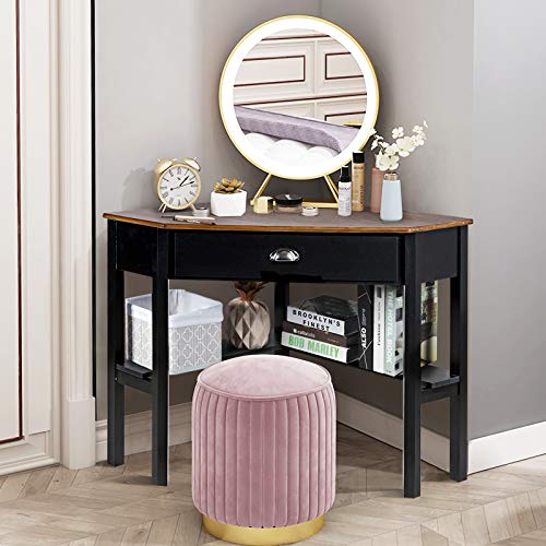 GOFLAME Computer Corner Desk, Wood Compact Home Office Writing Worstation with Drawer and Shelves, Laptop PC Corner Table for Small Space Home Office (Coffee)