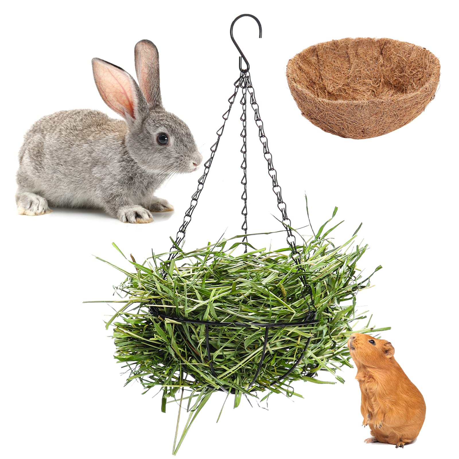 VCZONE Metal Frame Rabbit Hay Feeder with Hanging Basket, Timothy Hay and Coconut Fiber Nest, for Guinea Pig, Rabbit, Chinchilla