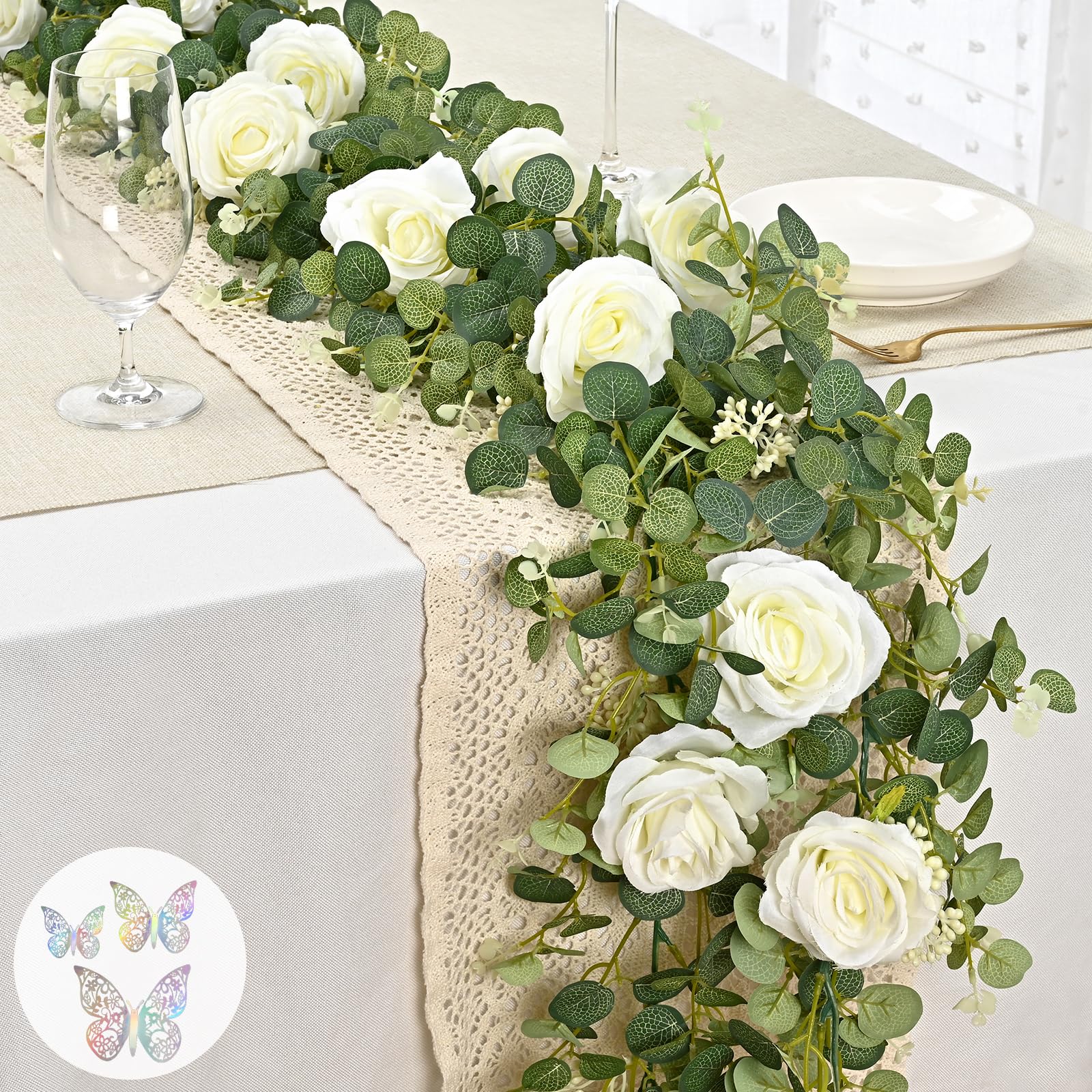 Yastouay 6.4 Ft Fuller White Flower Garland with Butterfly, Artificial Eucalyptus Garland with Flowers Fake Rose Vine Garland for Table Centerpiece Wedding Arch Baby Shower Party Room Backdrop Decor