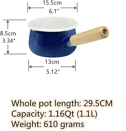 YumCute Home Enamel Milk Pan with Dual Pour Spout Butter Warmer Milk Pot Healthy White Enamel Inside Coating Iron 1QT Enamel Saucepan Small Soup Pot with Wooden Handle Handy Pot (Blue)