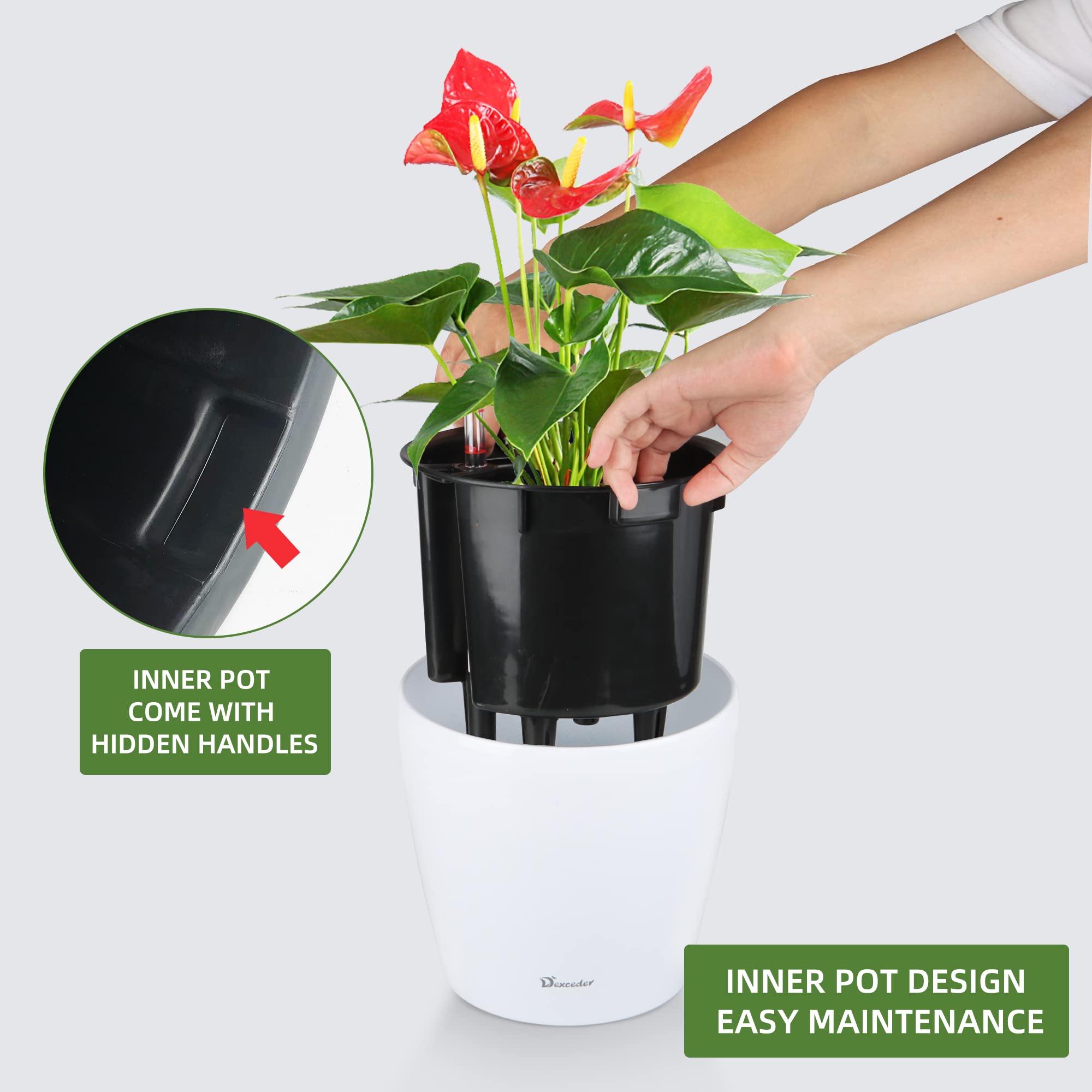 Dexceder 11x10 Inches High Gloss Self Watering Planter Indoor Outdoor, Inner Pot Design, Thickened Table Flower Plant Pot with Water Level Indicator (White)