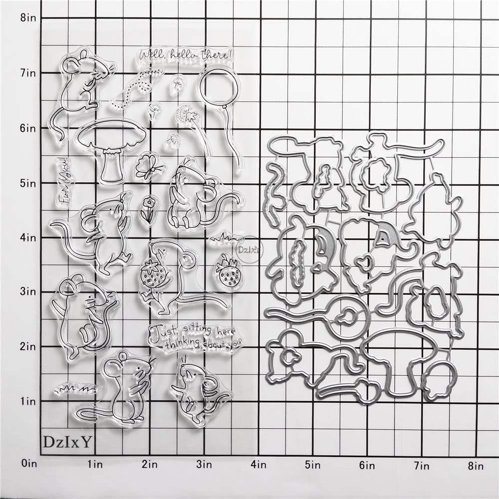 DzIxY Strawberry Mouse Clear Stamps and Metal Cutting Dies Sets for Card Making Scrapbooking Paper Supplies Silicone Seals Storage Pockets