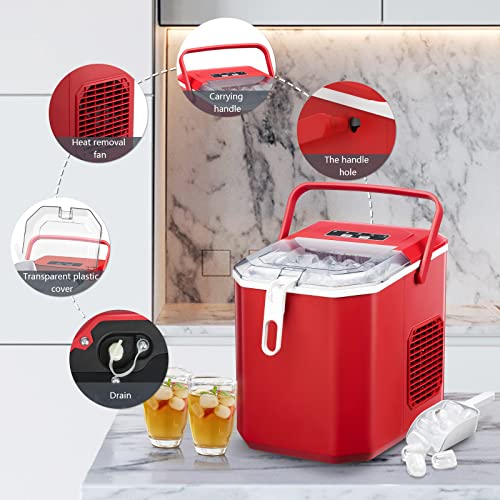 Antarctic Star Countertop Ice Maker, S/L Bullet Ice, 28lbs/Day, 9 Ice Cubes in 6 Mins, Portable Ice Machine with Ice Scoop and Handle, Self-Cleaning, One-Click Operation, for Kitchen Office Home Red