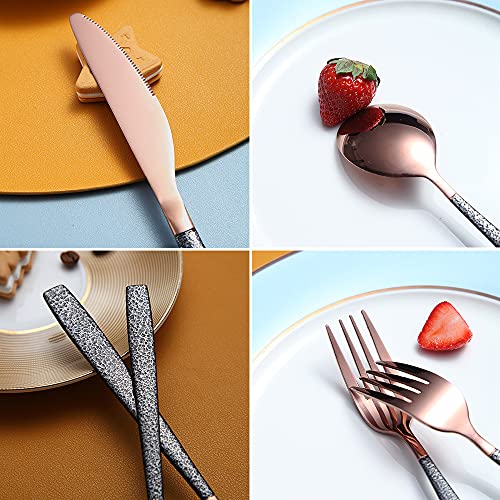 Silverware Set 20 Pieces Rose Gold Head Coating With Black Mars Handle, Stainless Steel Copper Titanium Plating Knives Spoons Forks Flatware Set Utensils Set Cutlery Set Service For 4