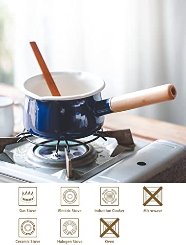 YumCute Home Enamel Milk Pan with Dual Pour Spout Butter Warmer Milk Pot Healthy White Enamel Inside Coating Iron 1QT Enamel Saucepan Small Soup Pot with Wooden Handle Handy Pot (Blue)