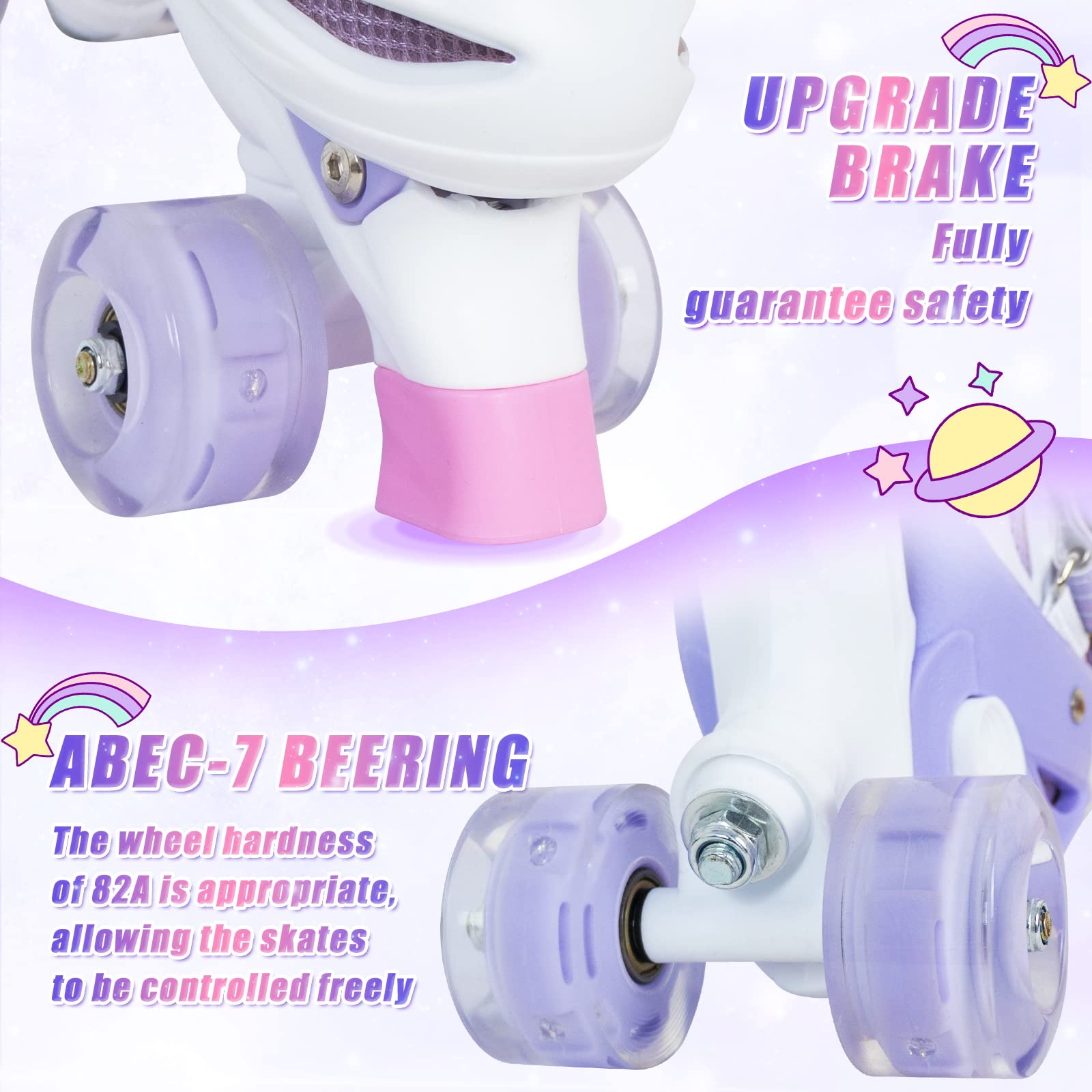 MammyGol Roller Skates for Girls Kids Boys, 4 Sizes Adjustable Quad Toddler Skates Indoor Outdoor Age 5-8 Purple Size 1 2 3 4