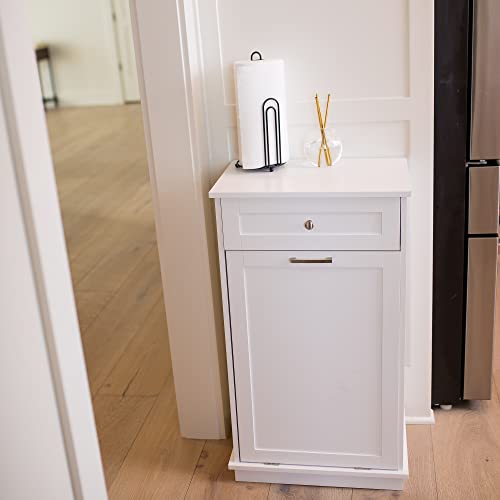 Trash Bin Cabinet | Tilt Out Dog Proof Trash Can Holder Kitchen Recycling Cabinet with Hideaway Drawer add Countertop Space (White) 35.5β H x 13.5β D x 20β W