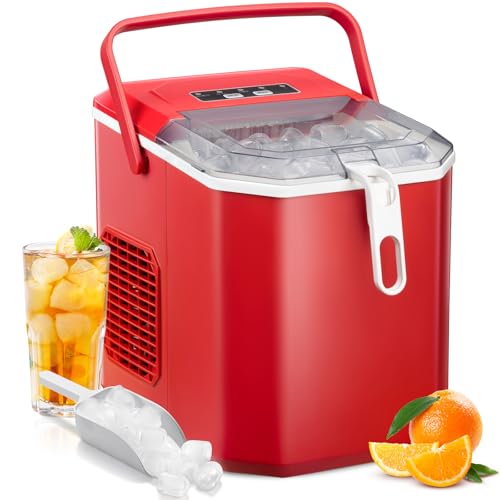 Antarctic Star Countertop Ice Maker, S/L Bullet Ice, 28lbs/Day, 9 Ice Cubes in 6 Mins, Portable Ice Machine with Ice Scoop and Handle, Self-Cleaning, One-Click Operation, for Kitchen Office Home Red