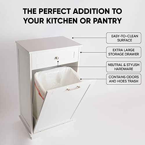 Trash Bin Cabinet | Tilt Out Dog Proof Trash Can Holder Kitchen Recycling Cabinet with Hideaway Drawer add Countertop Space (White) 35.5β H x 13.5β D x 20β W