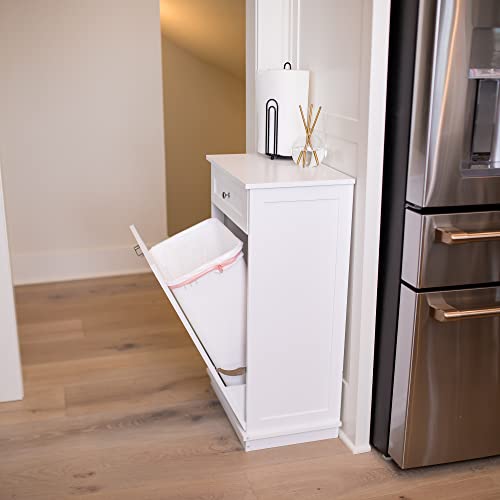 Trash Bin Cabinet | Tilt Out Dog Proof Trash Can Holder Kitchen Recycling Cabinet with Hideaway Drawer add Countertop Space (White) 35.5β H x 13.5β D x 20β W