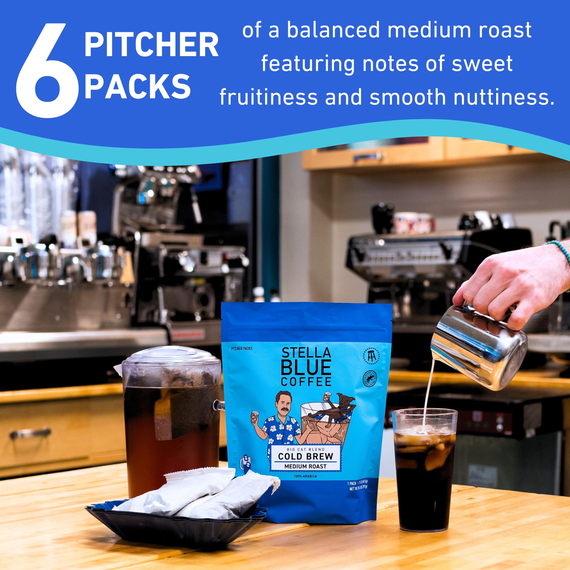 STELLA BLUE Fresh Cold Brew Coffee | Big Cat Blend | 100% Arabica MEDIUM Roast | Enriching Caramel & Hazelnut Notes & Sweet Fruitiness | Cold Brew for True Fanatics | 6 Packets to Make 24 Cups