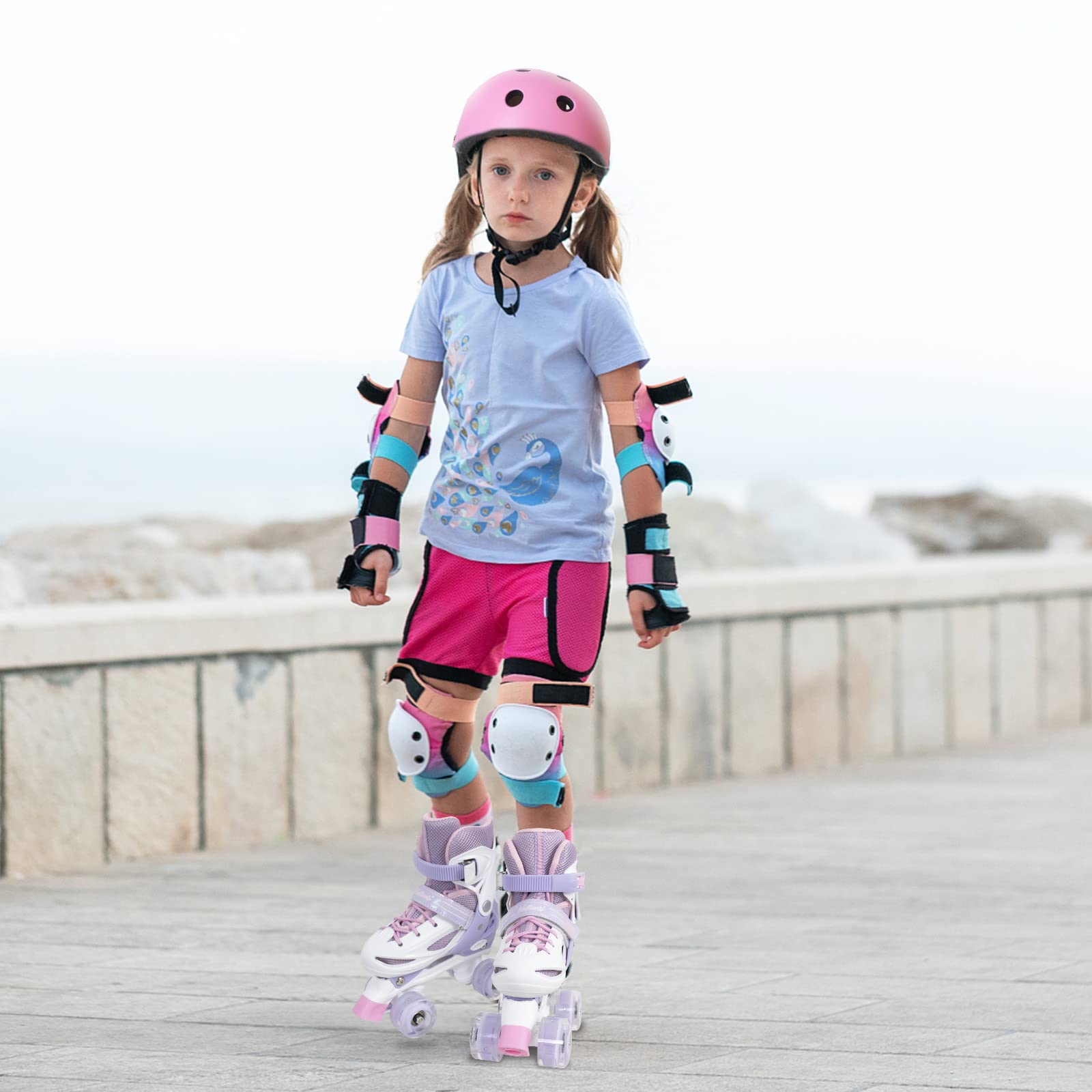 MammyGol Roller Skates for Girls Kids Boys, 4 Sizes Adjustable Quad Toddler Skates Indoor Outdoor Age 5-8 Purple Size 1 2 3 4