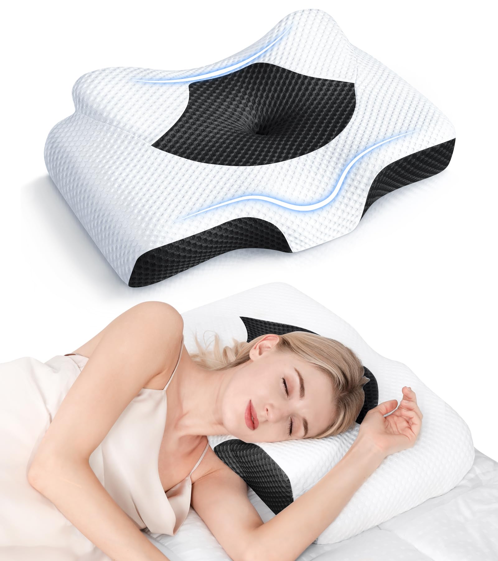 Osteo Cervical Pillow for Neck Pain Relief, Hollow Design Odorless Memory Foam Pillows with Cooling Case, Adjustable Orthopedic Bed Pillow for Sleeping, Contour Support for Side Back Stomach Sleepers