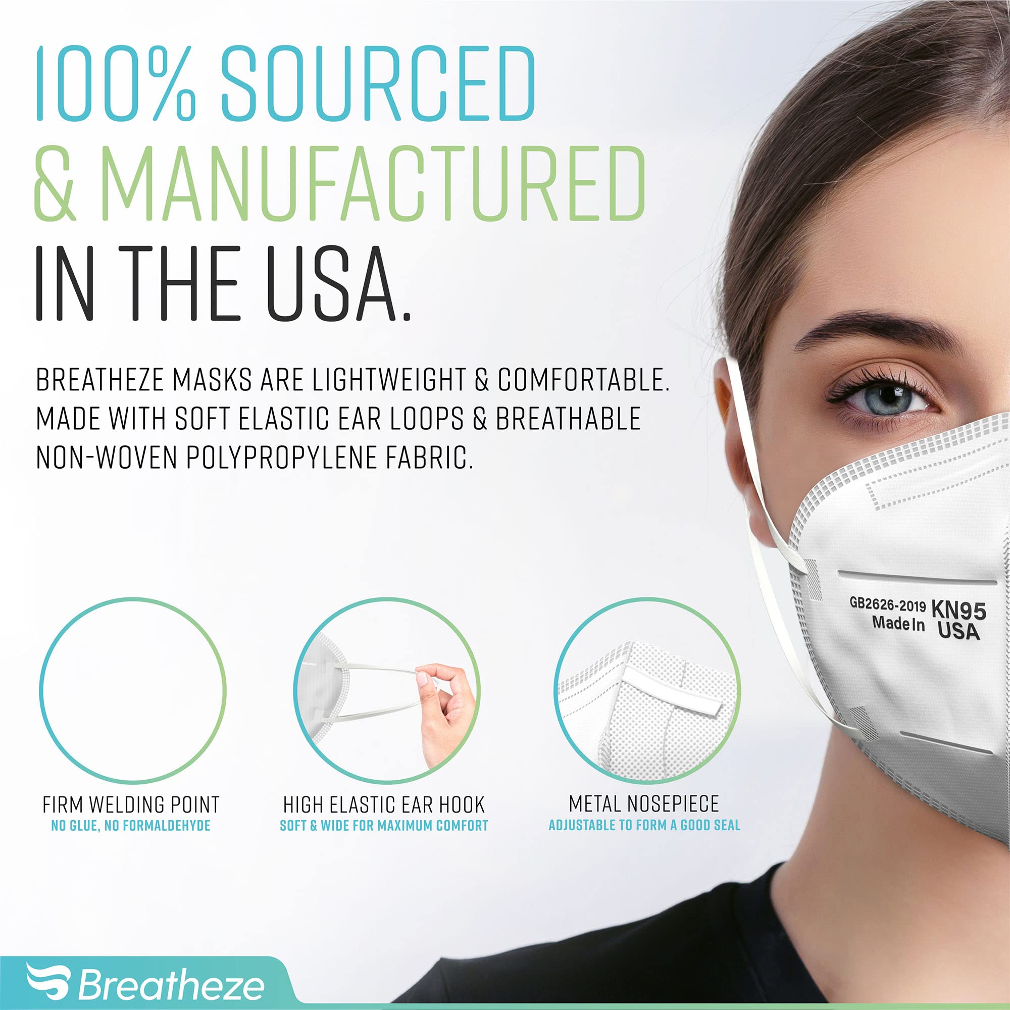 Breatheze KN95 Face Masks Made in USA - Face Masks Disposable KN95 Mask - FDA Registered KN95 Masks