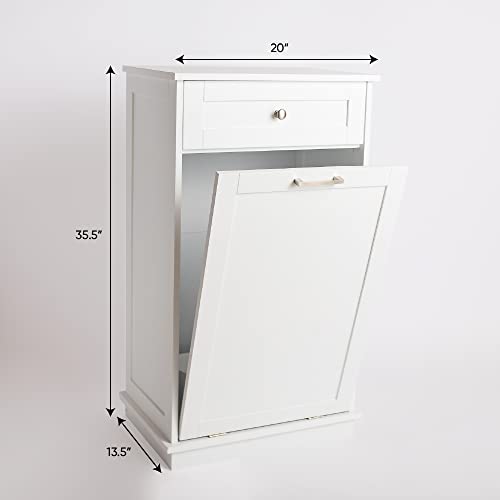 Trash Bin Cabinet | Tilt Out Dog Proof Trash Can Holder Kitchen Recycling Cabinet with Hideaway Drawer add Countertop Space (White) 35.5β H x 13.5β D x 20β W