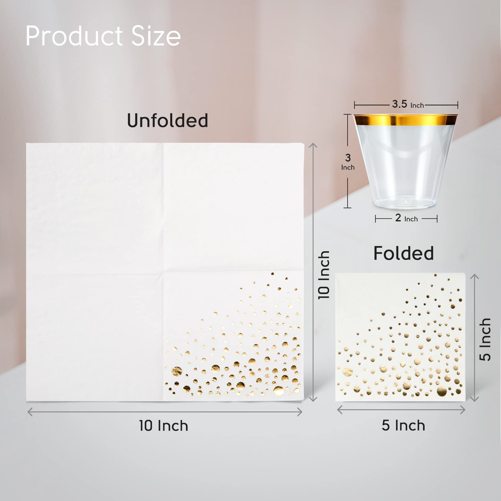 Essential Concierge Stylish Gold-Rimmed Plastic Cups, 9 oz - 100 Disposable with Gold Napkins