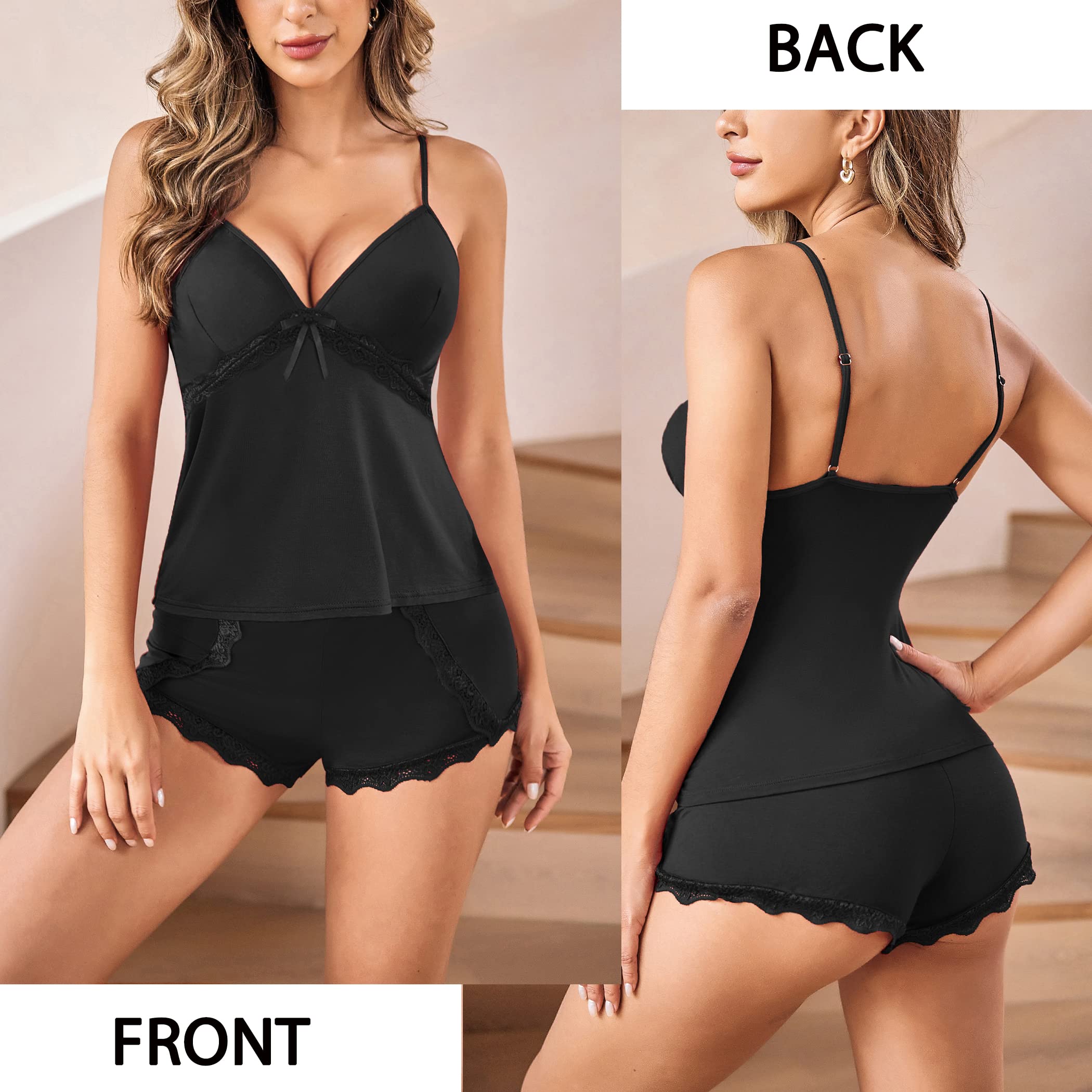 Avidlove Pajamas Sets for Women Cami Shorts Set Lace Trim Sexy Lingerie Modal Short Sleepwear (Black,S)