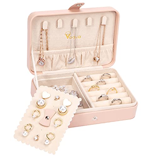 Voova Small Jewelry Organizer Box, Travel Jewelry Case for Women Teen Girls, Mini PU Leather Portable Jewellery Storage Boxes Holder with Smart Earrings Plate for Necklaces Rings Bracelets, Pink
