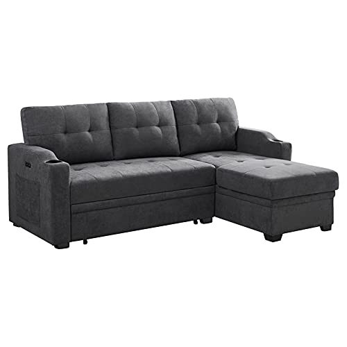 Lilola Home Mabel Dark Gray Woven Fabric Sleeper Sectional with cupholder, USB Charging Port and Pocket