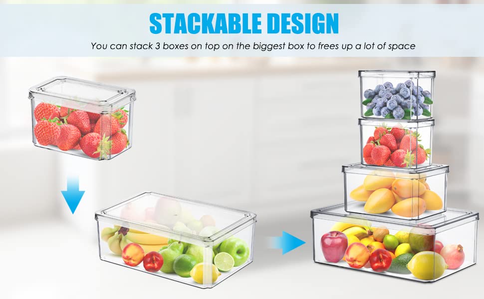 Set of 4 Fridge Food Storage Bins, Stackable Clear Kitchen Fruit Storage Containers, Freezer Organizer Fresh Keeper Box with Lid for Kitchen Countertops, Refrigerator, Pantry and Cabinets