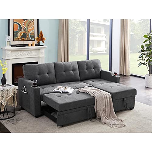 Lilola Home Mabel Dark Gray Woven Fabric Sleeper Sectional with cupholder, USB Charging Port and Pocket