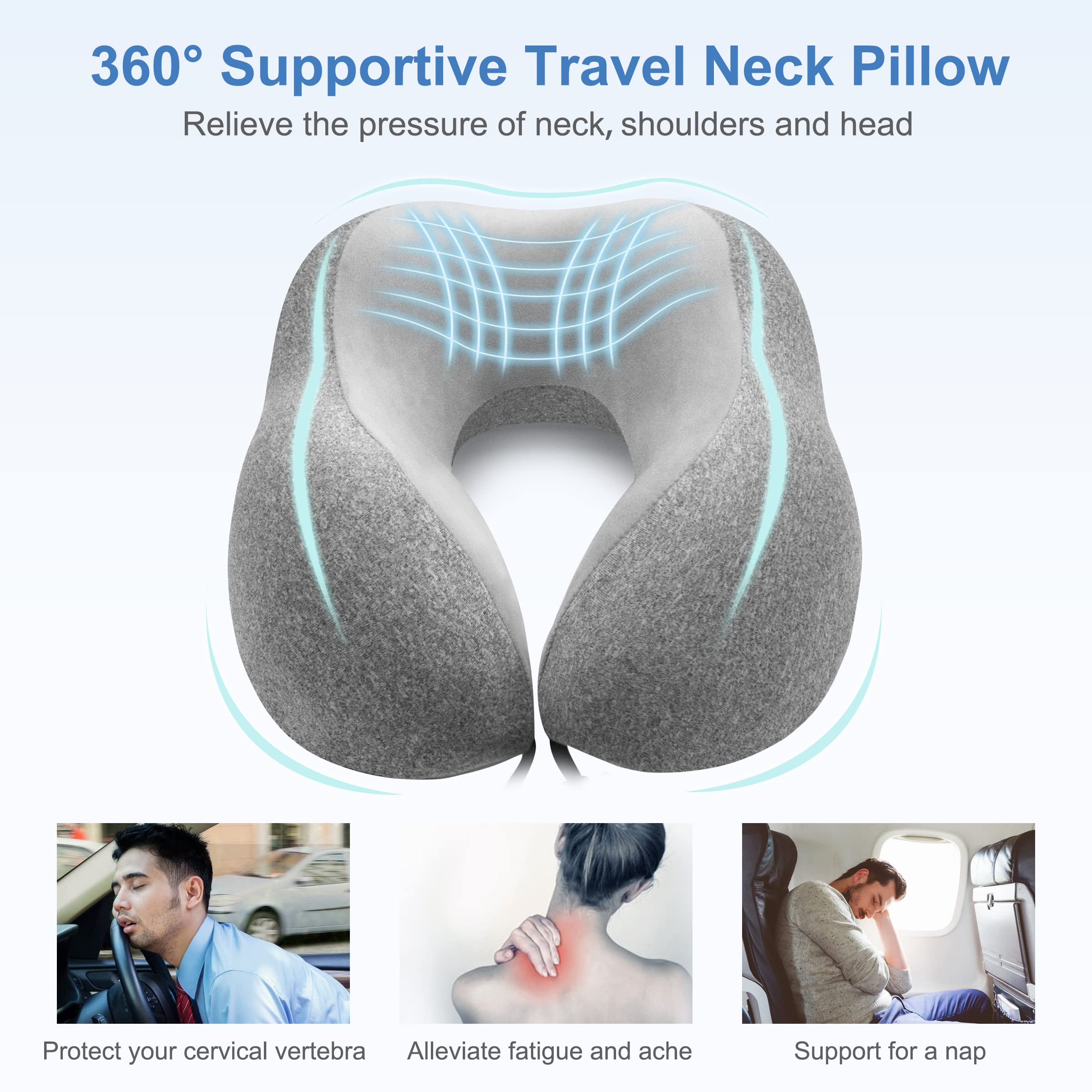 Gentlepaw Travel Pillow - Memory Foam Cervical Neck Pillow for Adults, Kids, Children, Convenient & Portable U Shaped Pillows, Airplane Pillow for Home, Office, Camping, Travelling, Sleeping (Gray)