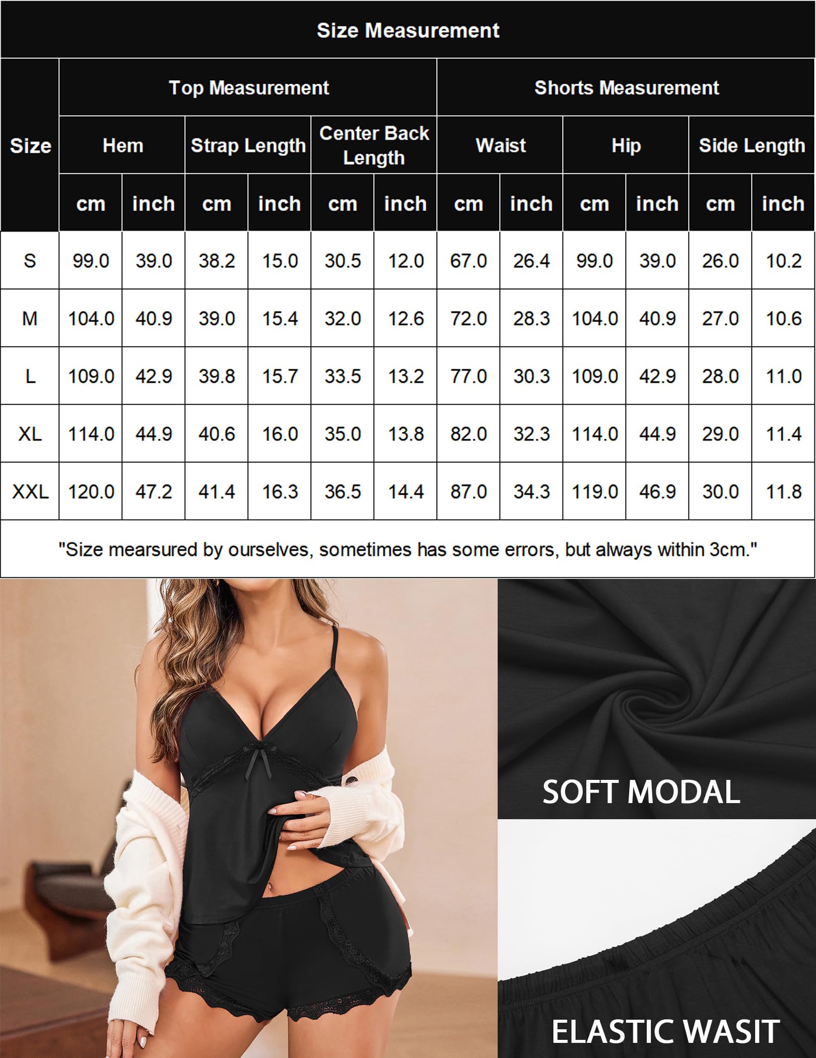Avidlove Pajamas Sets for Women Cami Shorts Set Lace Trim Sexy Lingerie Modal Short Sleepwear (Black,S)