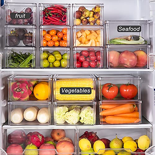 Set of 4 Fridge Food Storage Bins, Stackable Clear Kitchen Fruit Storage Containers, Freezer Organizer Fresh Keeper Box with Lid for Kitchen Countertops, Refrigerator, Pantry and Cabinets