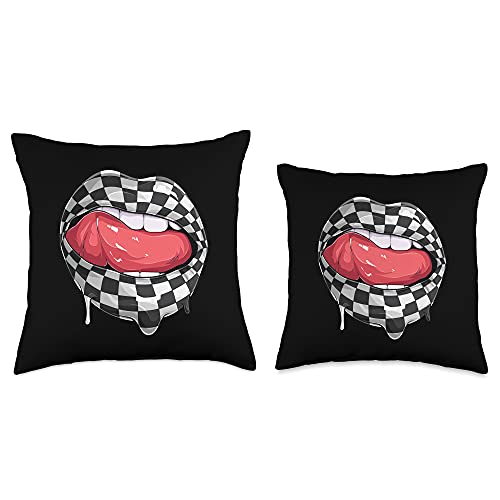 Checkered Black White juicy Lips gift race women Funny Checkered Black White Lip Racer Racing car Women Throw Pillow, 18x18, Multicolor