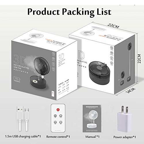Portable Desk Fan,Rechargeable Oscillating Telescopic Floor Fan Small USB Stand Fan with Humidification 3 Speed Adjustable Wind for Personal Bedroom Office Outdoor Camping-White