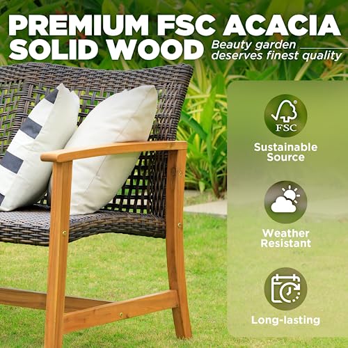IDZO 1000lbs Capacity, FSC Certified 3 Seater Patio Couch with Upgraded 2000Hours UV Resistant Wicker, Teak Finish Furniture Set, Trinite Acacia Outdoor Sofa_Brown