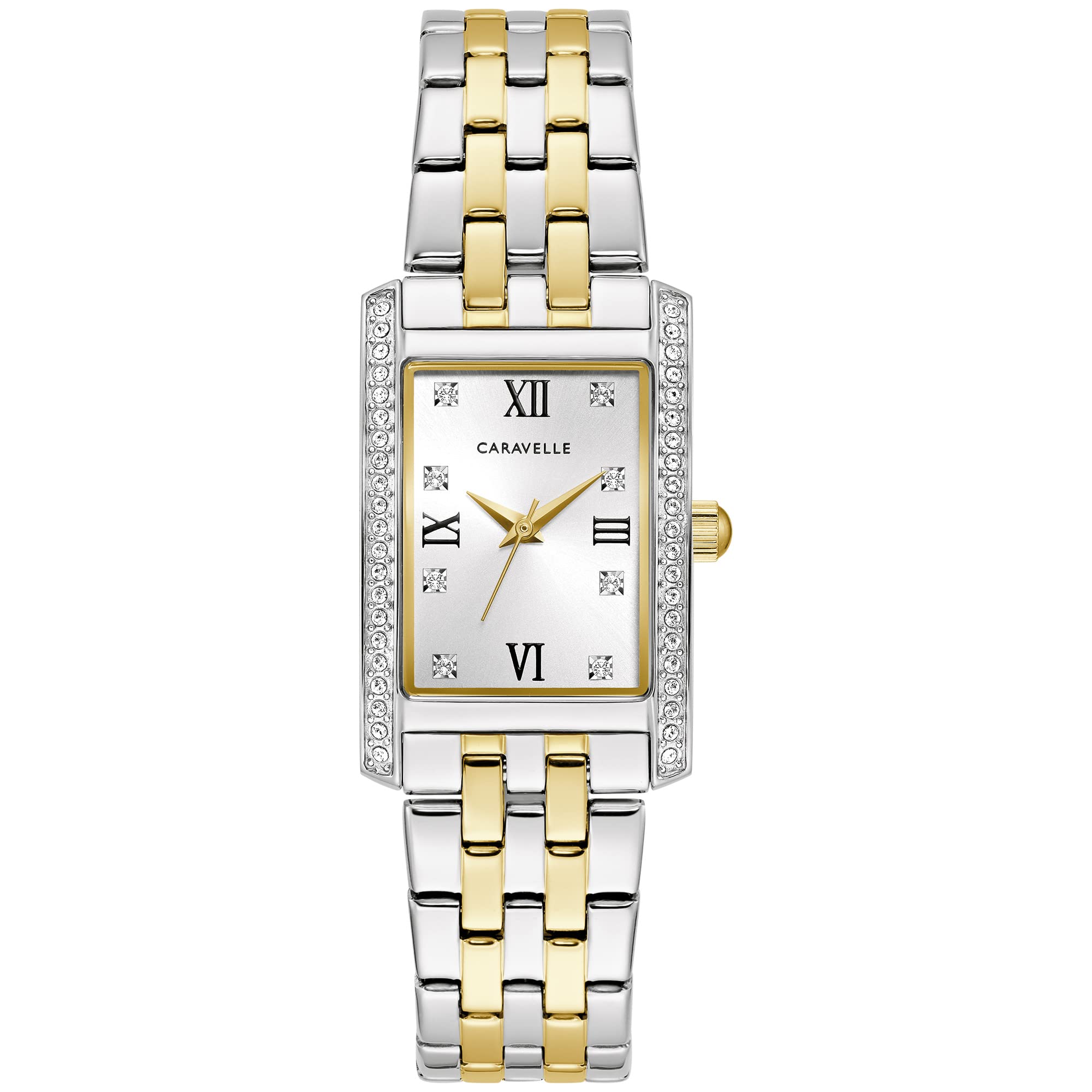 Caravelle by Bulova Ladies' Classic Crystal 3-Hand Quartz Watch, Roman Numeral Markers, Rectangle Case, Curved Mineral Crystal, Two Tone Gold